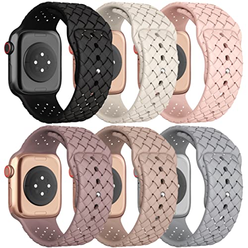 TransJoy 6 Pack Weave Silicone Band Compatible with Apple Watch Band 38mm 40mm 41mm 42mm 44mm 45mm 49mm Women Men, Soft Breathable Strap for iWatch Ultra Series 8/7/6/5/4/3/2/1/SE(38 Milk Tea)