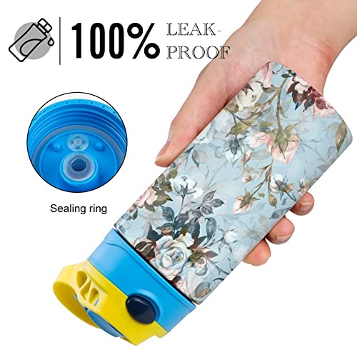 Thermos Cup 500Ml Watercolor Flower Insulated Water Bottle With Straw For Sports And Travel