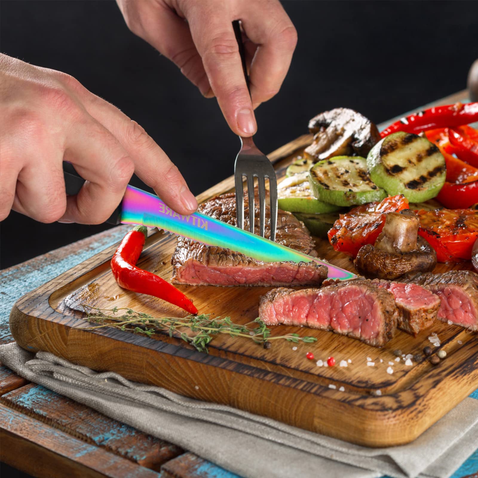 KITWARE Rainbow Steak Knife Set with Gift Box, 6-Piece Sharp Steak Sets of Knives, 4.5 Inch Stainless Steel Black Handle Meat Knifes with Serrated Egdes, Knife for Bread, Butter and Pork