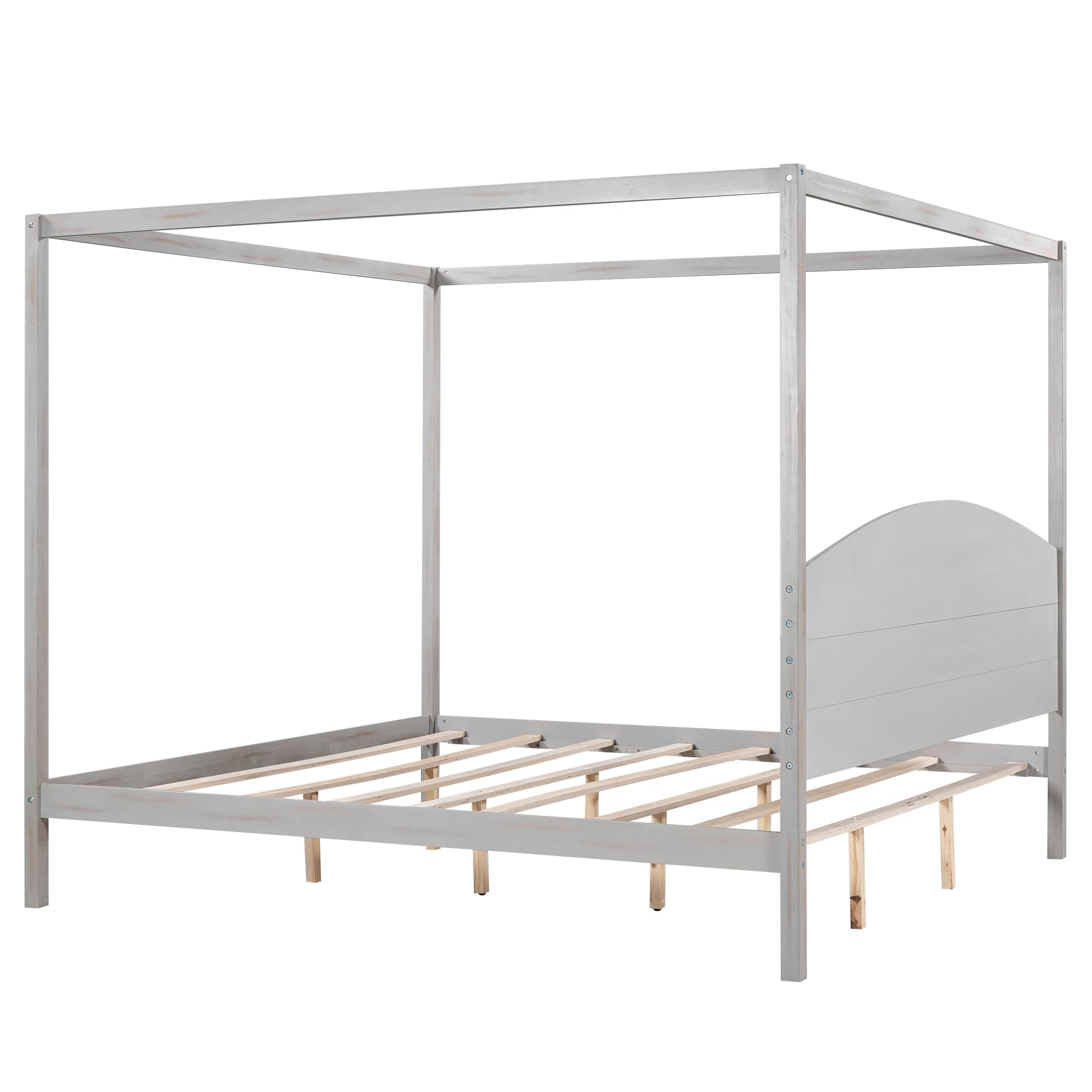HBRR King Size Canopy Bed, Wood Platform Floor Bed with Headboard and Slat Support Leg, 4 Posters King Bed Frame for Kids Teens Adults, No Box Spring Needed, Grey