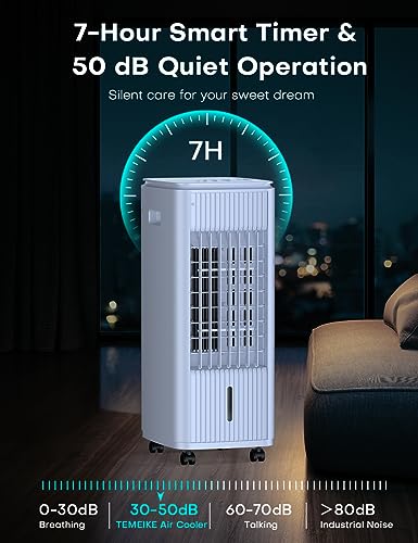 TEMEIKE 3-IN-1 Evaporative Air Cooler, Swamp Cooler Air Conditioner Portable for 1 Room w/Remote, 3 Speeds & 2 Modes, 70° Oscillation & 7H Timer, Windowless Evaporative Cooler for Indoor Office Home