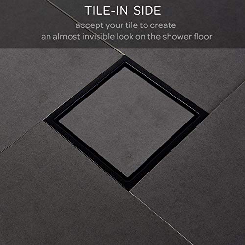 Orhemus 304 Stainless Steel Square Shower Floor Drain with Tile Insert Grate Removable Cover 6 inch Long, Matte Black Plated Finished