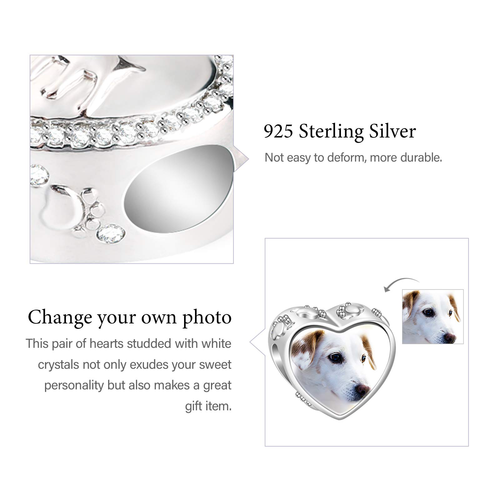 GNOCE Custom Photo Charms Bead For Dog Personalized Photo Animals Charm 925 Sterling Silver Pendant for Bracelets (Pet)