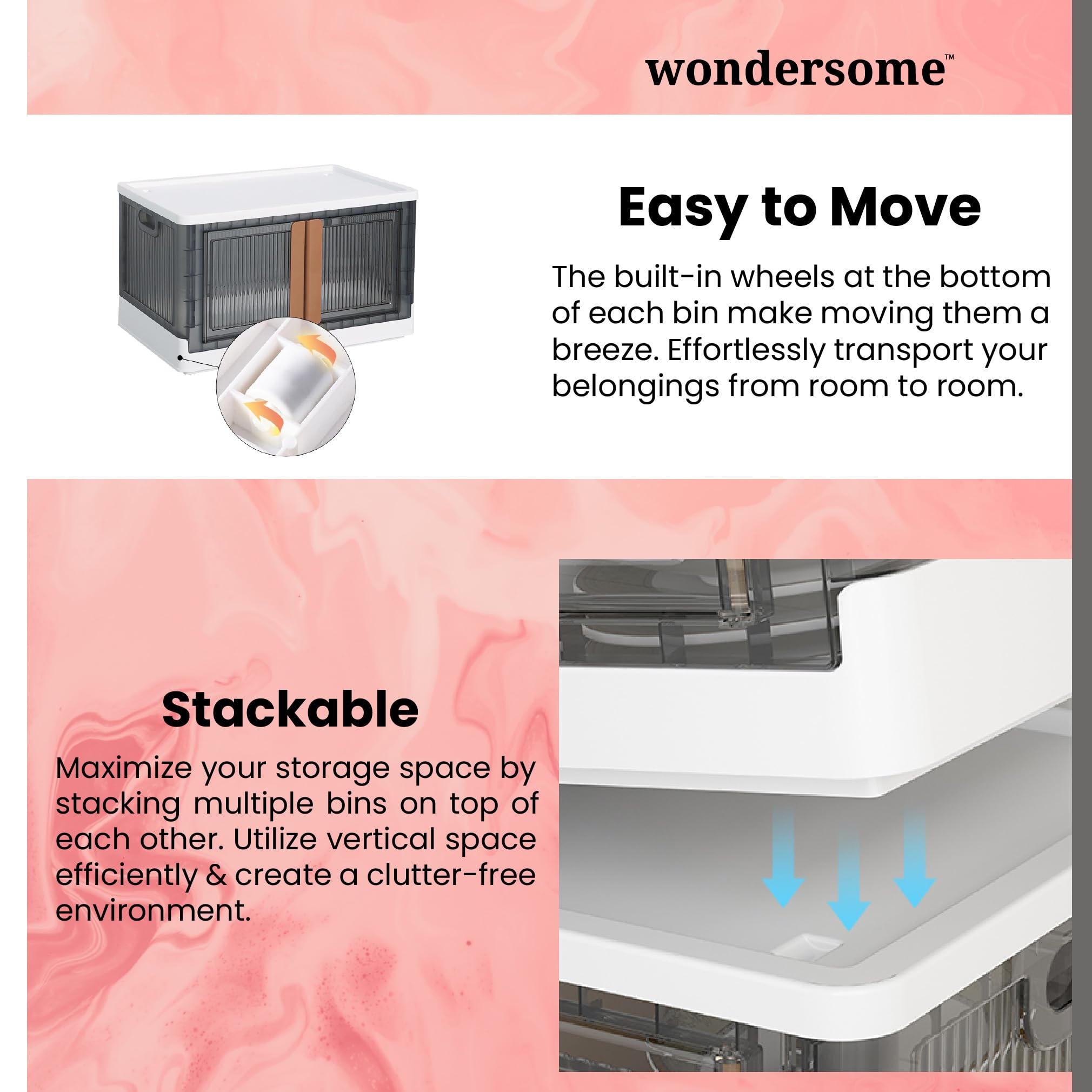 Wondersome Collapsible Storage Bins - 6-Pack of Extra-Large 19-Gallon/76-Quart Stackable Wheeled Clothing, Shoe, Bedroom, Office Organizer - Foldable Containers - Assembles in Second - US-Based Brand