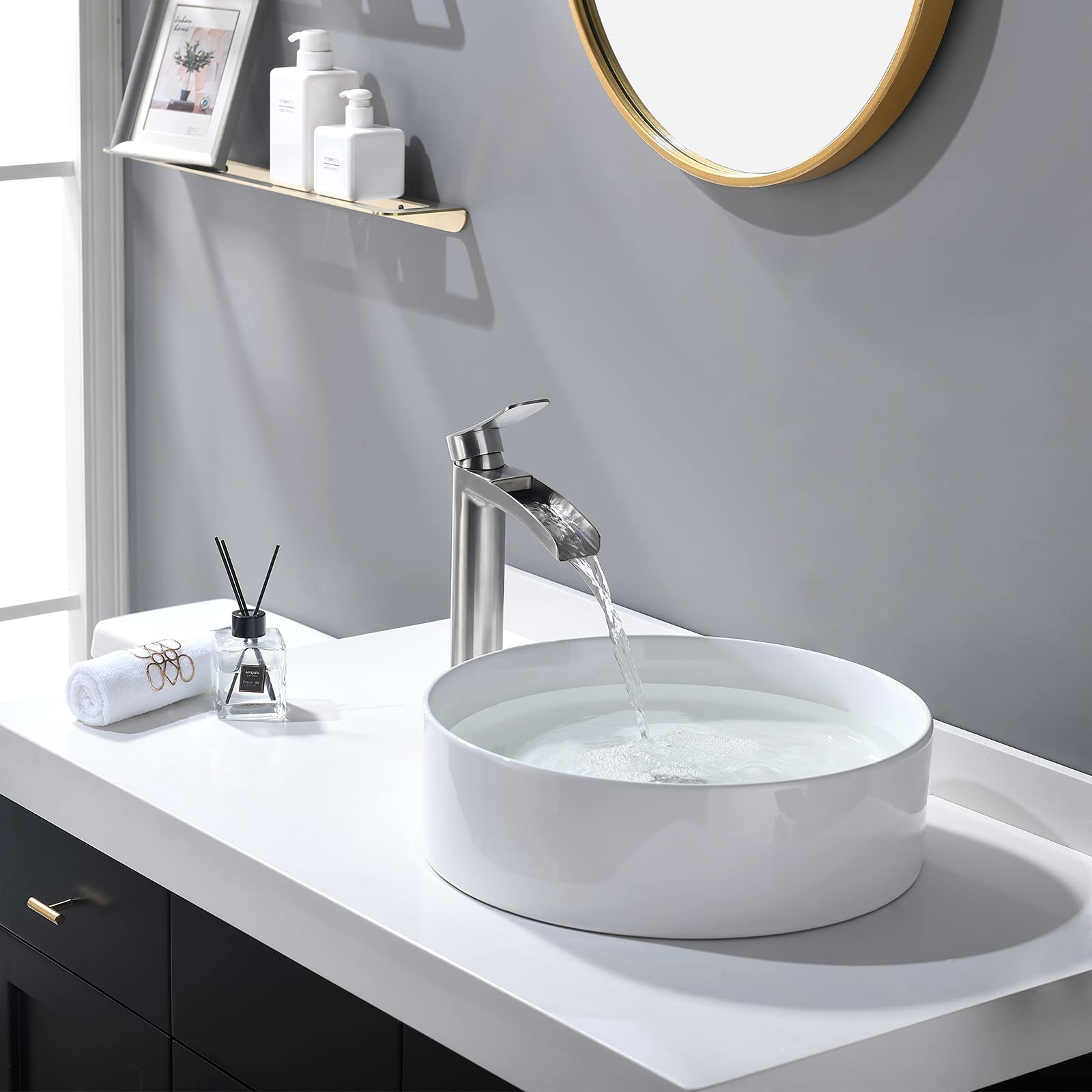 Phiestina Brushed Nickel Tall Bathroom Vessel Sink Faucet, Single Hole Single Handle Waterfall Modern Bathroom Faucet, with Pop Up Drain and Water Supply Line, NS-SF01-BN-V