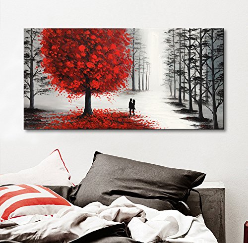 Hand Painted Oil Painting Black and White Landscape Canvas Wall Art with Red Tree for Living Room