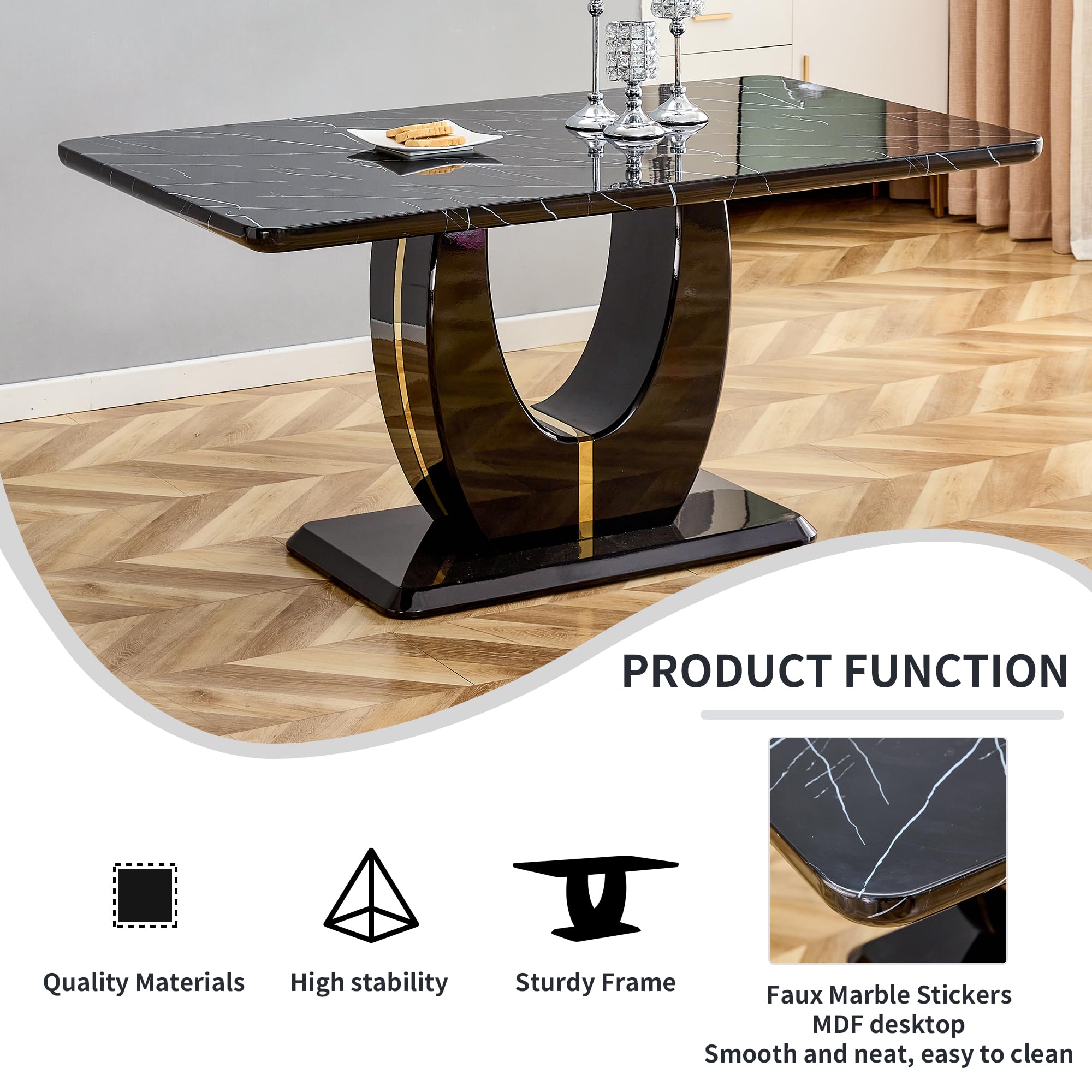 HAIZAO 63 inch Marble Dining Table Set for 8, Black Marble Grain Finish Tabletop Dining Table with MDF Base, PU Faux Leather Chairs with Golden Metal Legs, for Dining Room Kitchen, Black