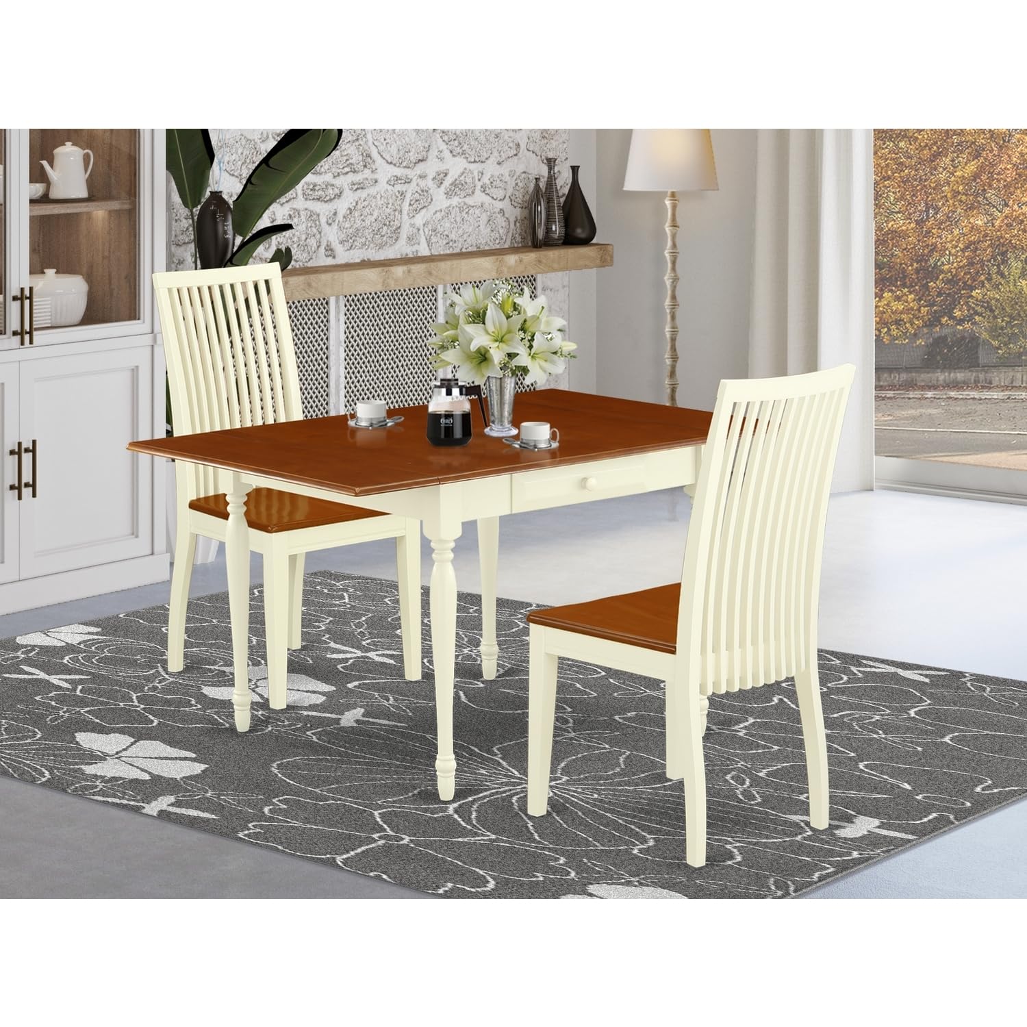 HomeStock Beachy Boho 3 Pc Modern Dining Table Set - Durable Two 9-Inch Drop Down Leaves Wooden Dining Room Table and 2 Wooden Seat Kitchen Dining Chairs, Buttermilk and Cherry Finish