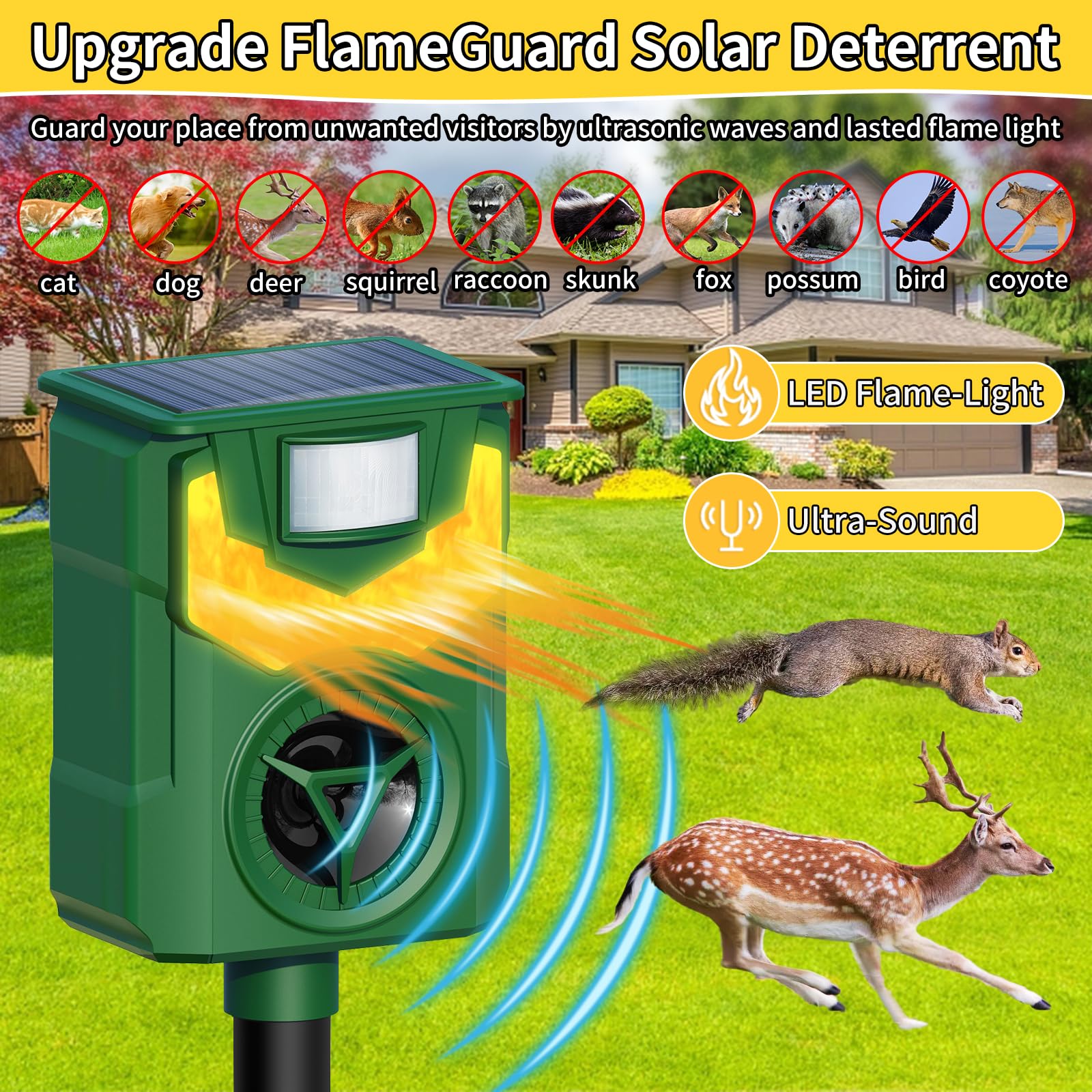 Ultrasonic Animal Repellent, Cat Deterrent Outdoor, 2024 Newest Flame Light Animal Repellent for Garden, Solar Animal Repeller with Motion Sensor, Repel Dogs Bird Skunk Rabbit Squirrels Deer for Yard