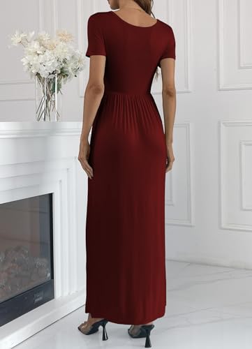 HAOMEILI Women's Short Sleeve Loose Plain Long Maxi Casual Dresses with Pockets L Wine Red