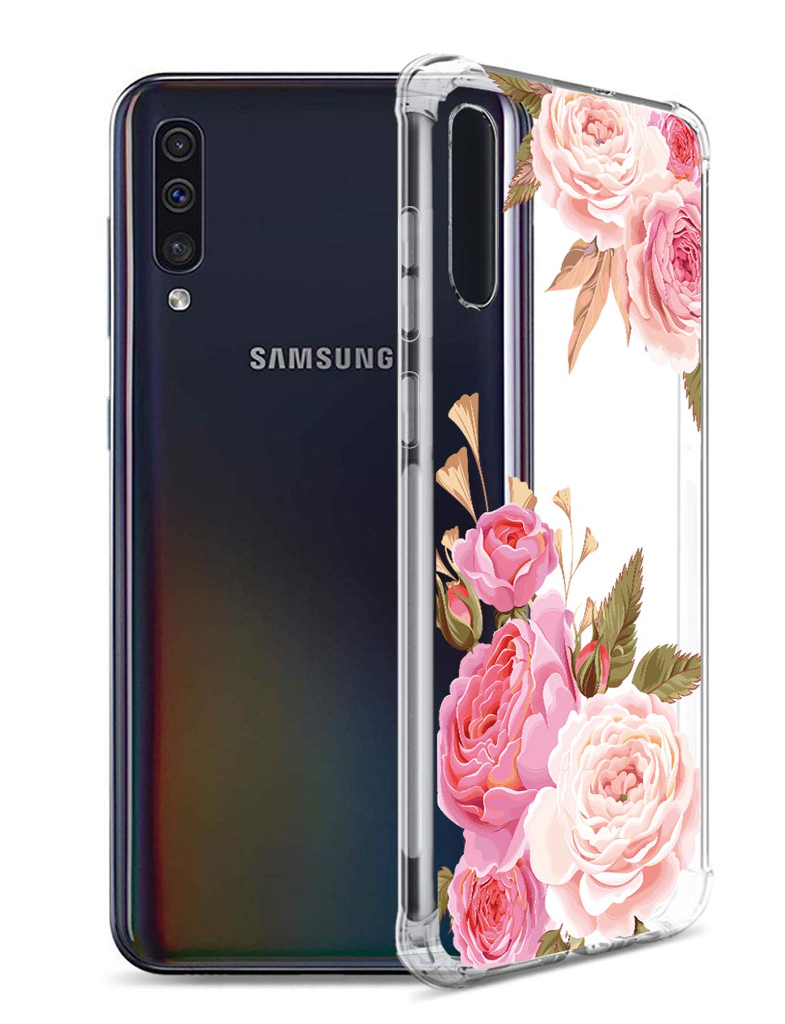 GREATRULY Floral Clear Case for Galaxy A50 for Women Girls,Pretty Phone Case for Samsung Galaxy A50 (2019),Flower Design Transparent Slim Soft Drop Proof TPU Bumper Cushion Silicone Cover Shell,FL-K