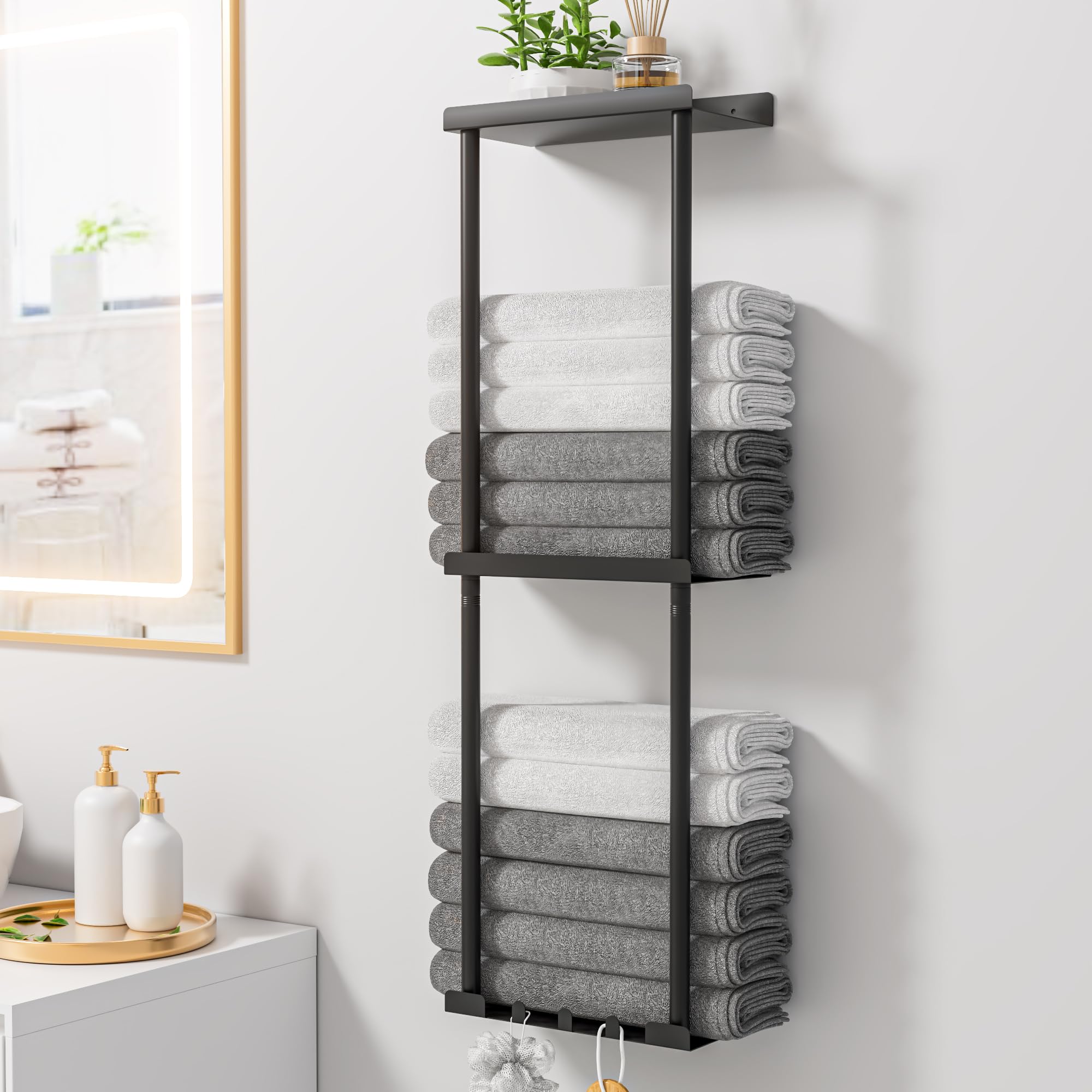 Vowupt Bathroom Towel Storage Rack, 3 Tier Towel Racks for Rolled Towels, Wall Mounted Metal Bathroom Organizer, Bath Towel Holder Shelf with 3 Hooks,Towel Racks for Bathroom
