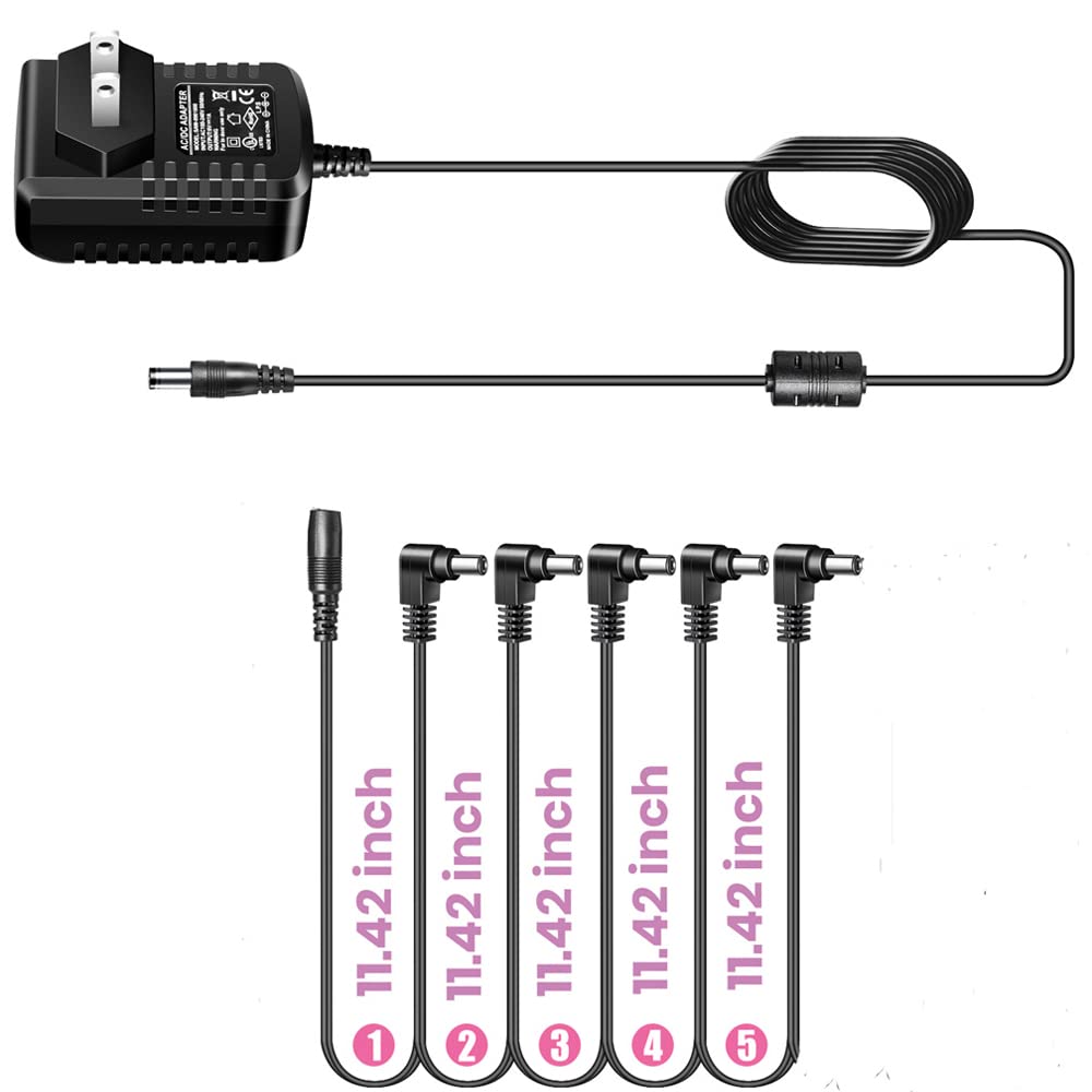 Guitar Pedal Power Supply Adapter 9V DC 1A 1000mA Tip Negative 5 Way Daisy Chain Cables for Guitar Effect Pedals