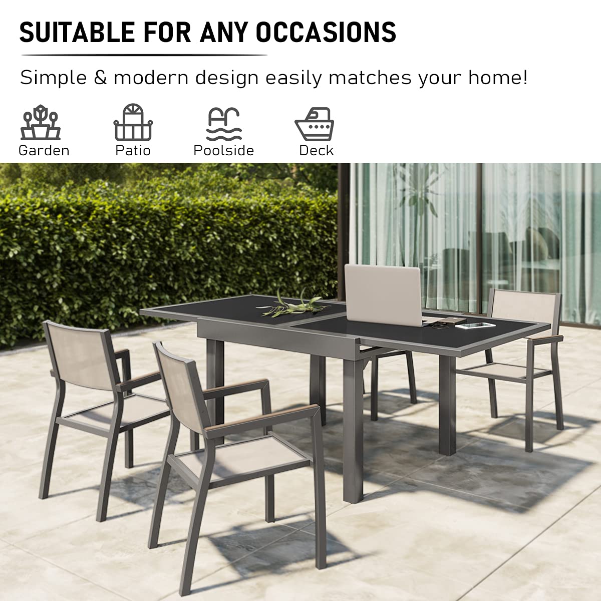 VredHom Patio Aluminum Top Dining Table,53"- 106" Outdoor Extendable Dining Table Backyard Bistro Rectangle Table Outdoor Furniture Garden Adjustable Table (Black)