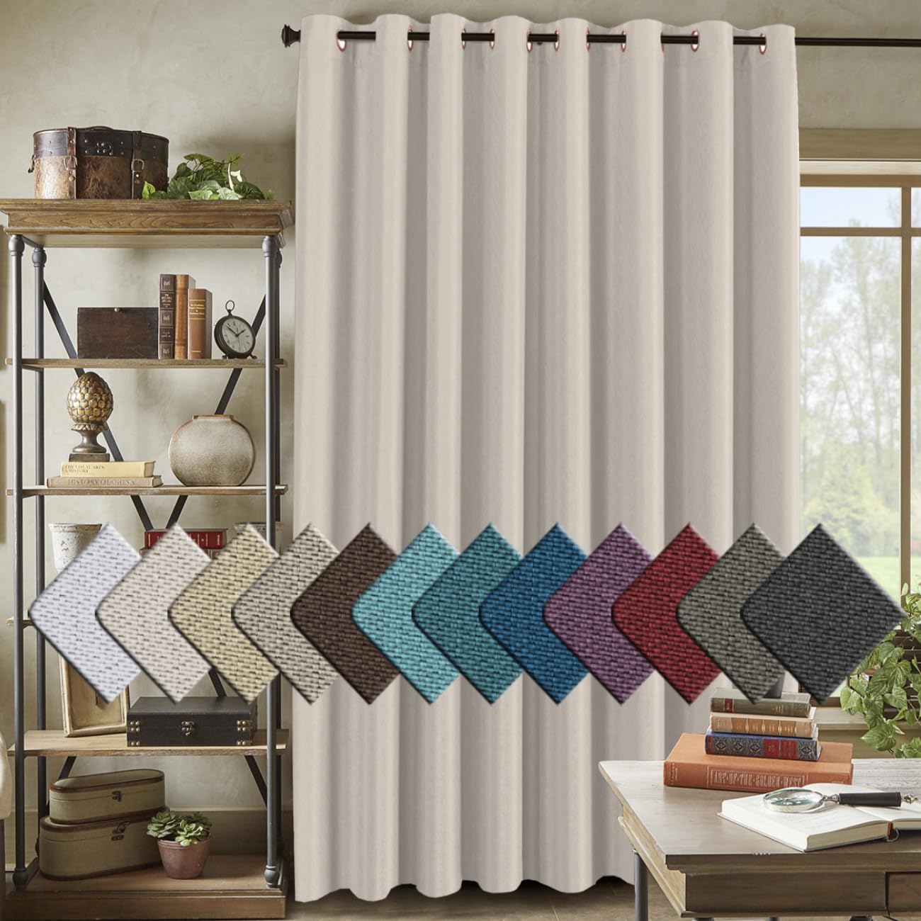 H.VERSAILTEX Room Darkening Linen Curtain for Bedroom/Living Room Extra Wide Blackout Curtains 100 x 84 Inches for Patio Glass Door, Primitive Textured Thick Linen Burlap Look Fabric, Heather Ivory