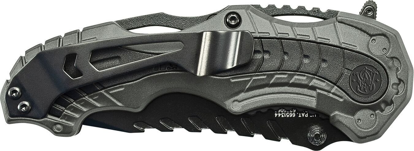 Smith & Wesson SWMP6S 7.7in High Carbon S.S. Assisted Folding Knife with 3.4in Serrated Clip Point Blade and Aluminum Handle for Tactical, Survival and EDC,Black