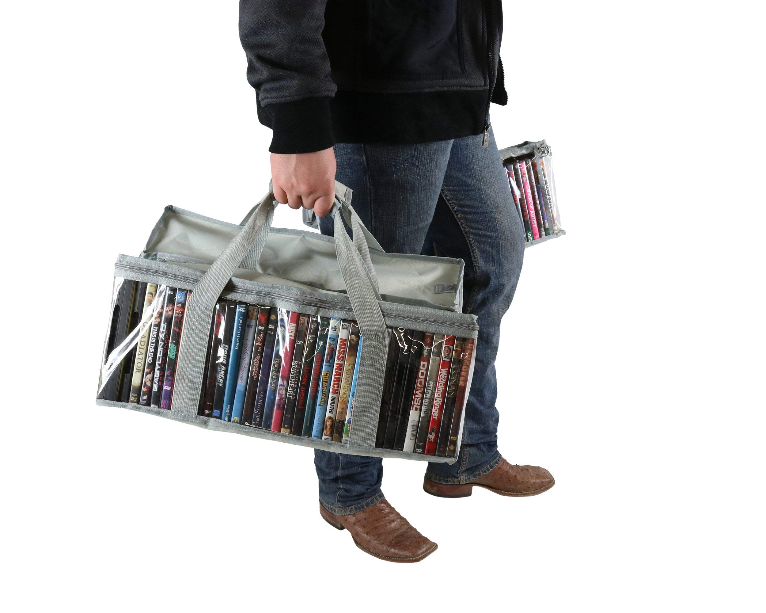 Gracem & Co. Premium DVD Blu-Ray Storage Bags β Portable DVD Media Case Holder For Movies, Video Games, Blue Ray, Entertainment Library β Visible Plastic Zipper Case Organizer β Set of 4 β Gray