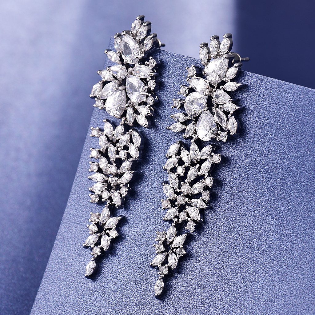 GULICX Shinning Cubic Zirconia Art Deco Leaves Drop Chandelier Dangle Wedding Earrings for Brides Silver Tone