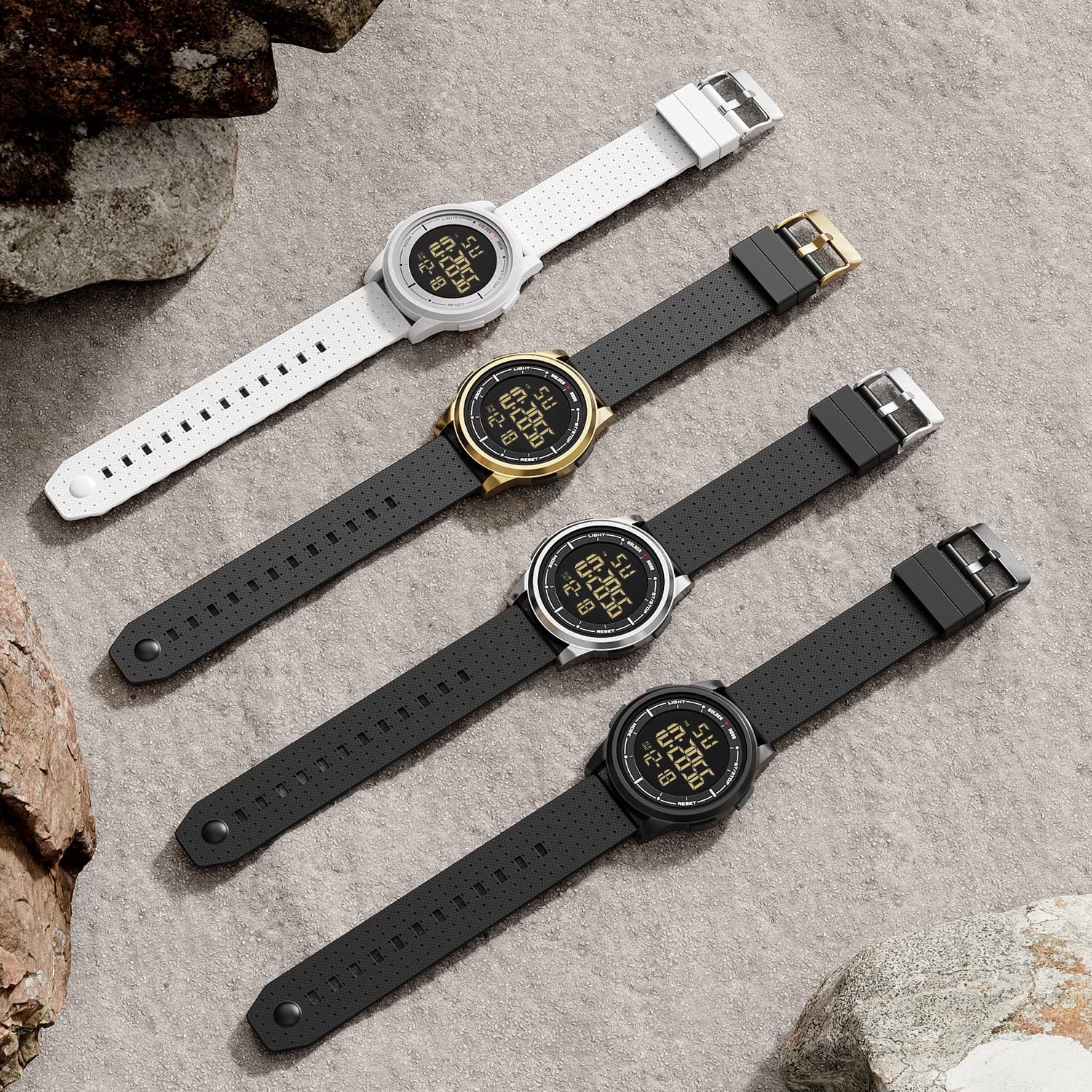 GOLDEN HOUR Ultra-Thin Minimalist Sports Waterproof Digital Watches Men with Wide-Angle Display Rubber Strap Wrist Watch for Men Women in White