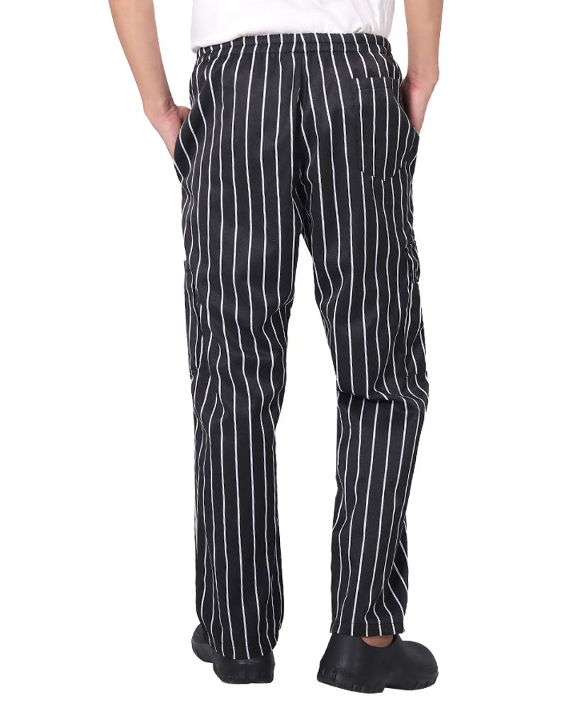 Men's and Women's Baggy Chef Pants Black and White Stripes Cargo Style Cook Pant Black S