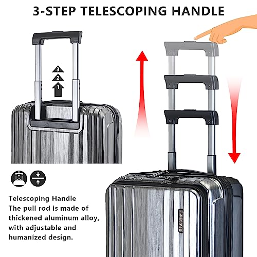 TydeCkare Luggage Set 3 Piece 20/24/28, 20" carry on with Front Pocket & 24/28" with Expandable, ABS+PC Suitcase with 4 Silent Wheels, TSA, YKK, Silver Grey