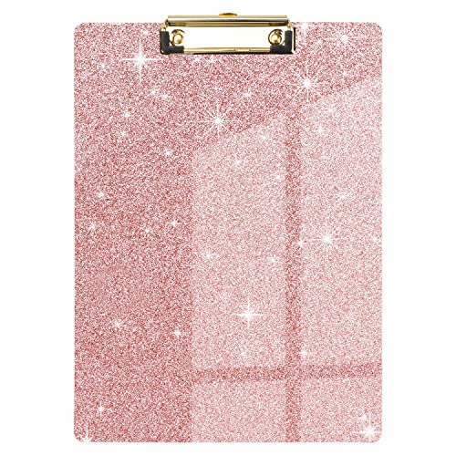 WAVEYU Acrylic Clipboard, Glitter Pink Clipboard for Women Girls, Stardard Letter Size Clipboard with Low Profile Gold Clip Designed for Classroom School and Office Use, A4 Size 12.5" x 9", Rose Gold