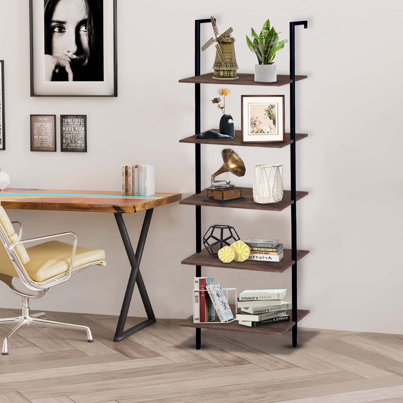 Wolawu 5 Tiers Ladder Shelf 2-Piece Black Modern Tall Bookshelf Open Large Tall Wall Mount Storage Bookcase Standing Leaning Wall Shelves Industrial Decorative