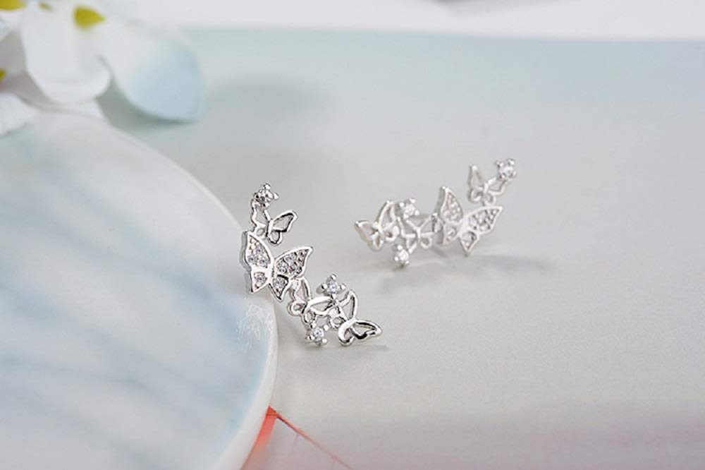 Hollow Butterfly CZ Cuff Wrap Studs Earrings for Women Pierced Ear Sterling Silver Plated Fashion Cubic Zirconia Crawler Climber Hypoallergenic