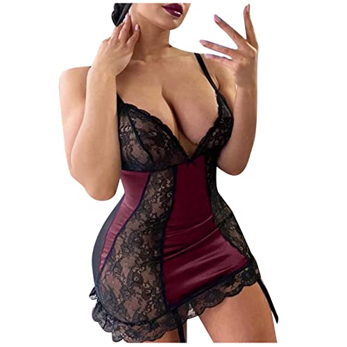 Women's Lingerie Sexy, Women Sexy Sets Fishnet Shorts Lengerie Plus Size Ladies Lace Patchwork Slip Dress Nightdress Bow Underwear Sleepwear Dress Under Wear Top Lingerie Nightgown (L, Wine)