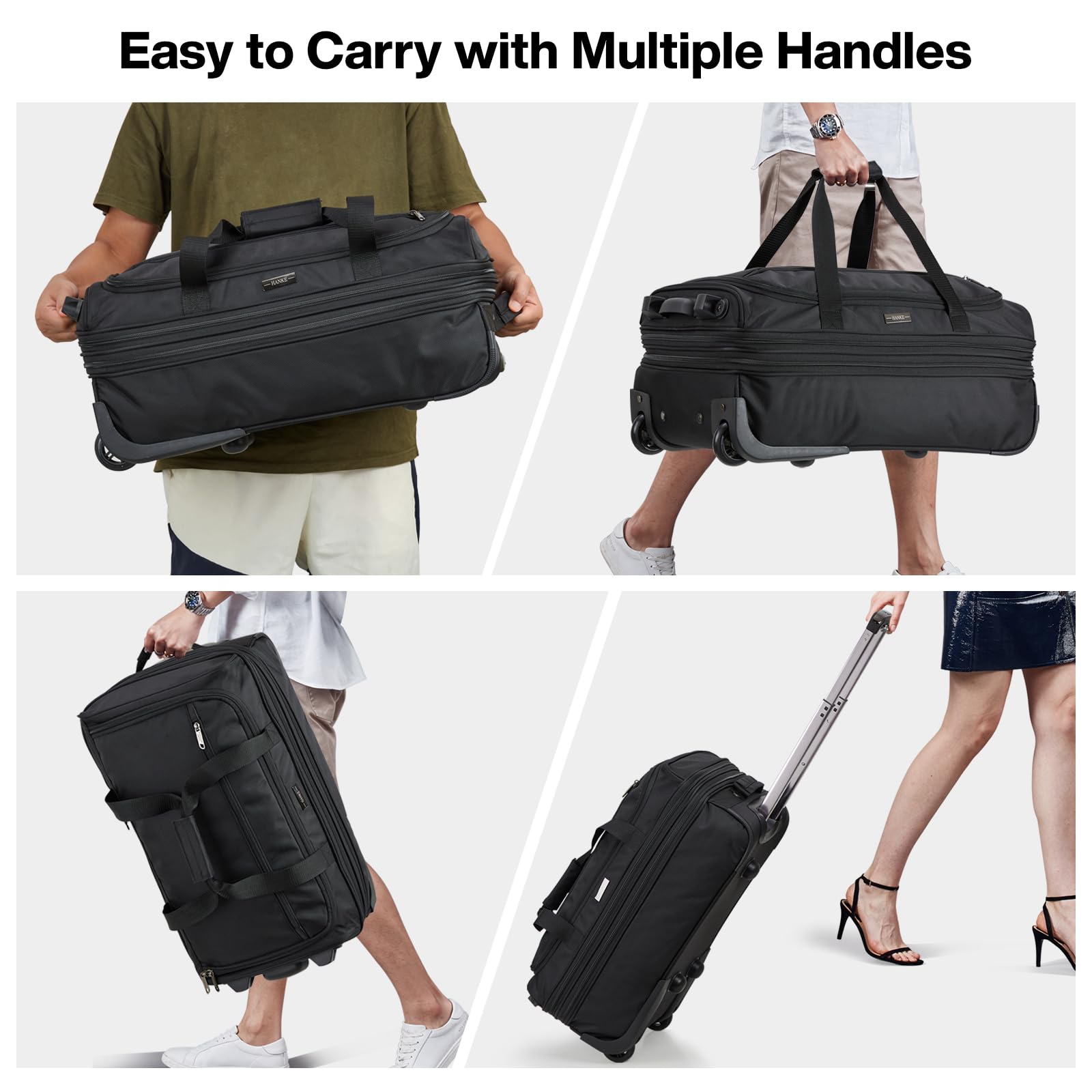 Hanke 20 Inch Expandable Carry On Luggage Suitcases with Wheels Foldable Duffle Bag for Travel Carry On suitcase Weekend Bag for Women Men Garment Bag.(Black)