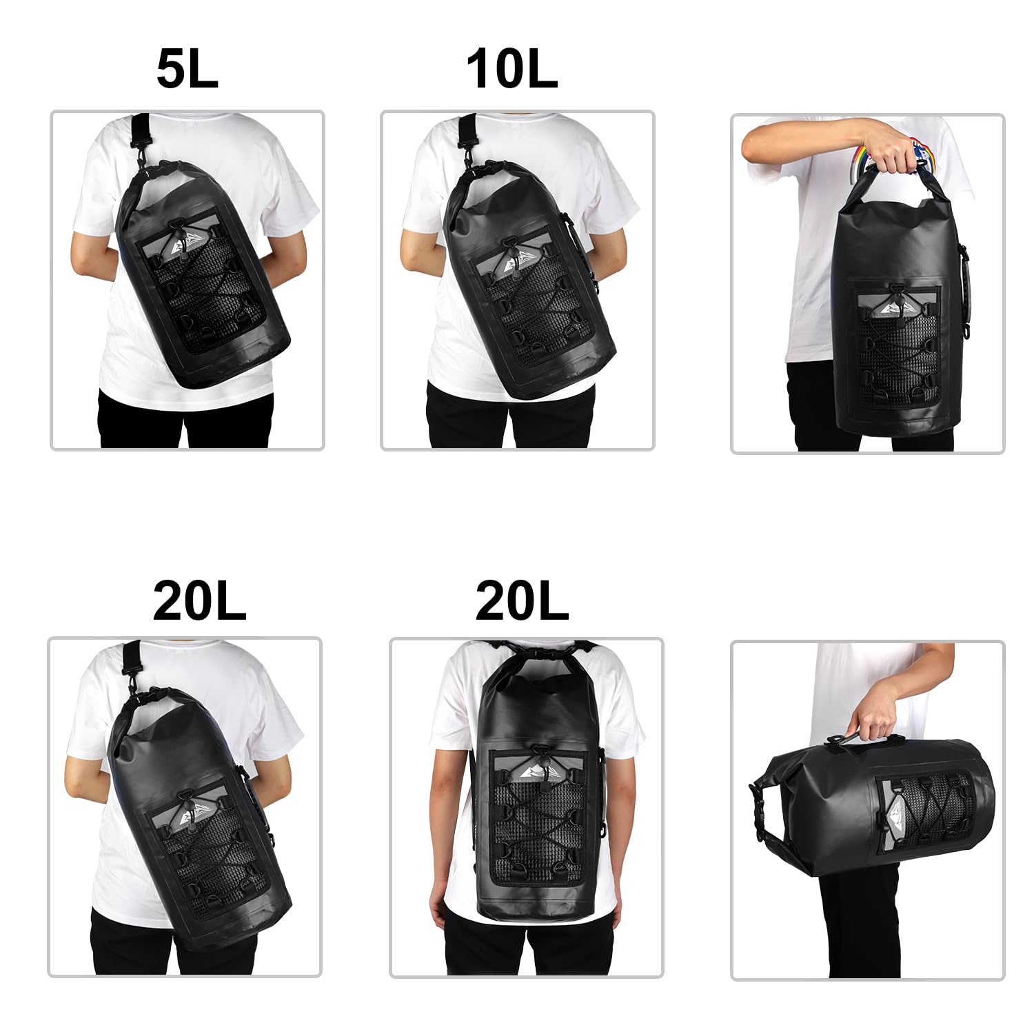 HEETA Waterproof Dry Bag for Women Men(Upgraded Version), 5L/ 10L/ 20L/ 30L Roll Top Lightweight Dry Storage Bag Backpack with Phone Case, Black 10L
