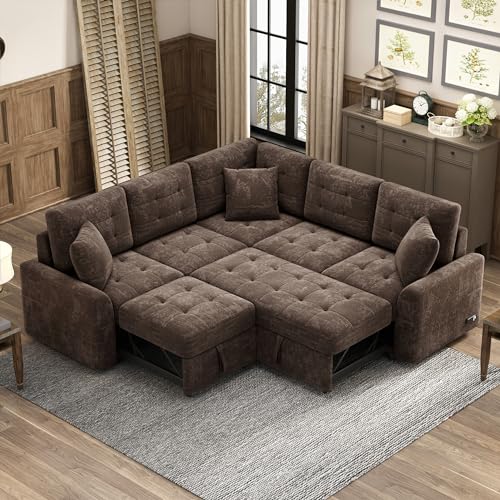 WOODRK 82.6" L-Shaped Sleeper Sofa Bed with Pull-Out Beds, Modern Convertible Couch with Wheels, USB Charging Ports, Power Sockets and 3 Pillows, for Living Room, Office, Brown