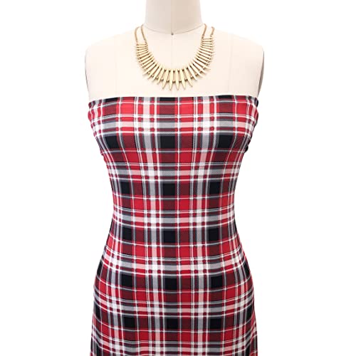 Texco Inc Poly Spandex Stretch DTY Checker Plaid Prints Fabric, Red Black 1 Yard