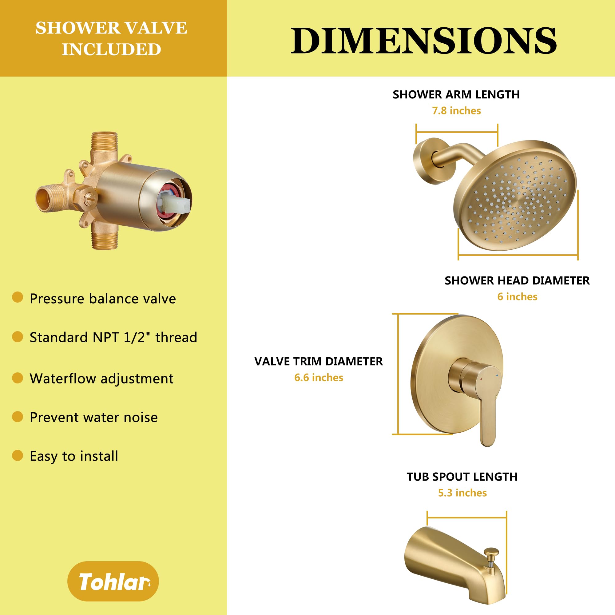 Tohlar Gold Shower Faucet Set with Tub Spout, Bathtub and Shower Faucet Combo Kit & Tohlar Brushed Gold Kitchen Faucet Single Handle High Arc Kitchen Faucets