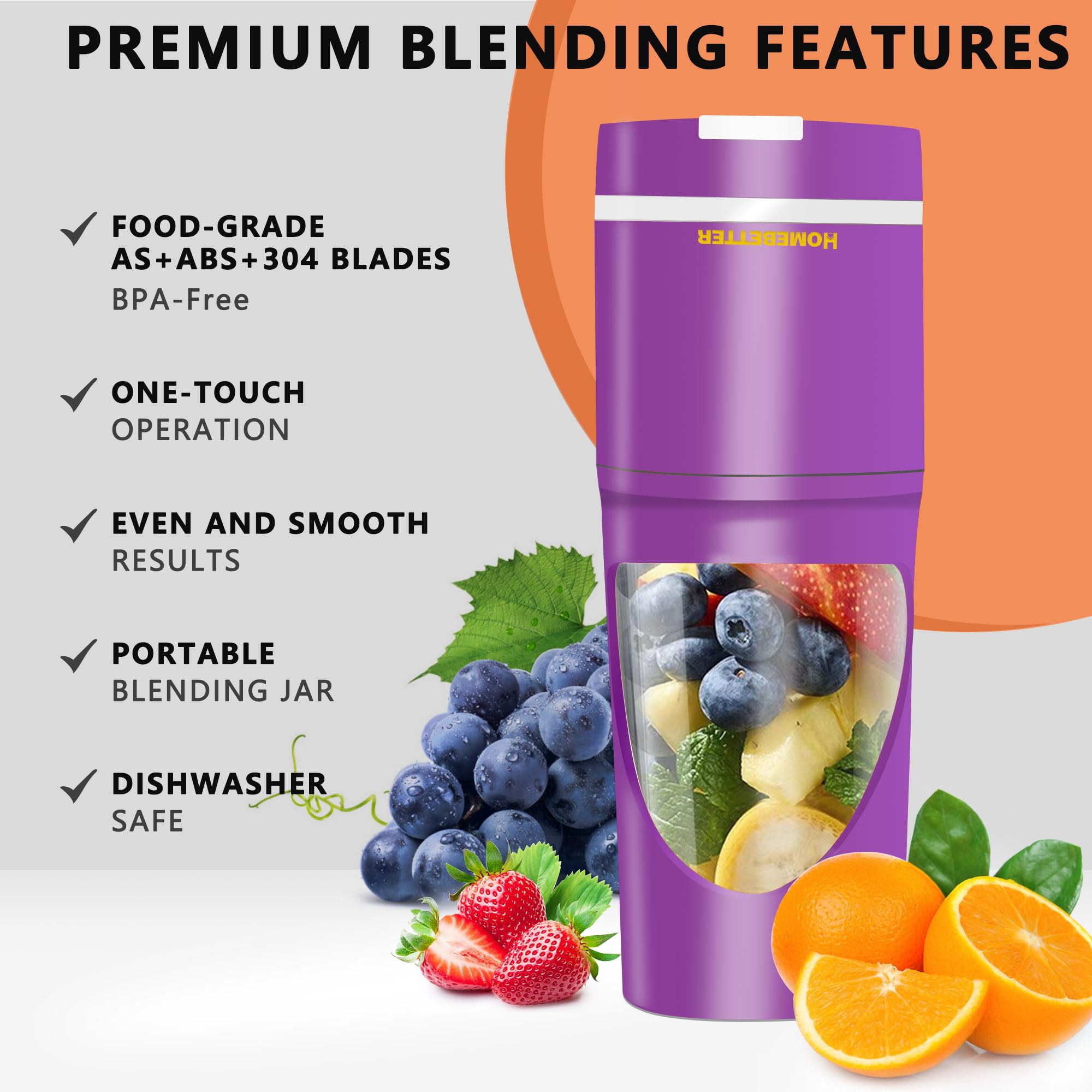 HOMEBETTER Portable Blender,USB Rechargeable Blender with 3000mAh Battery and 13.5 Oz Capacity Bottle BPA-Free, Mini Portable Blender for Shakes,Smoothies,Vegetable,Juice,Purple.