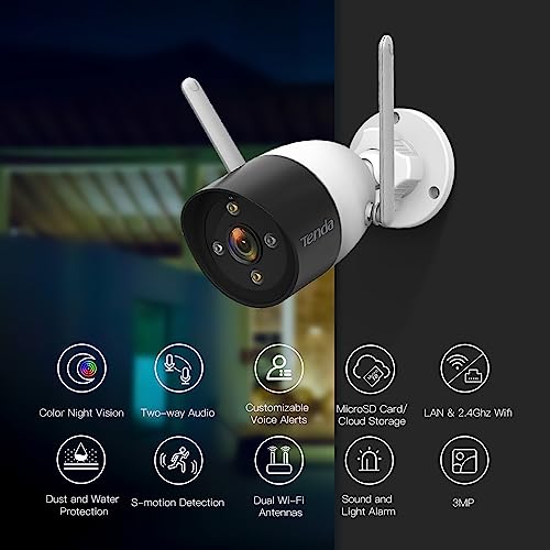 Tenda CT6 2K WiFi Cameras for Home Security Outside - Full-Color Night Vision with 2 Spotlights, Dual Antennas, AI Motion Detection, 2-Way Audio, IP66, H.265, Plug-in Outdoor Security Cameras