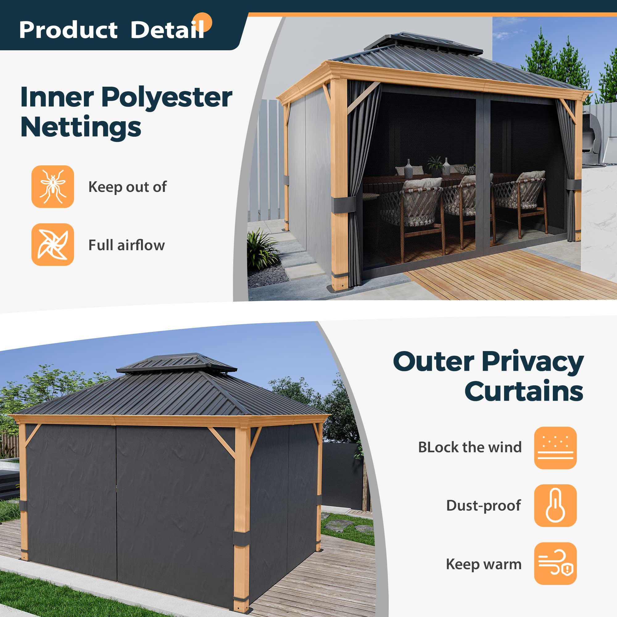 HAPPATIO 10' x 12' Hardtop Gazebo, Outdoor Wood Grain Frame Aluminum Metal Gazebo with Galvanized Steel Double Roof,Patio Gazebo Canopy with Netting and Curtains for Patio, Deck,Backyard (Gray)