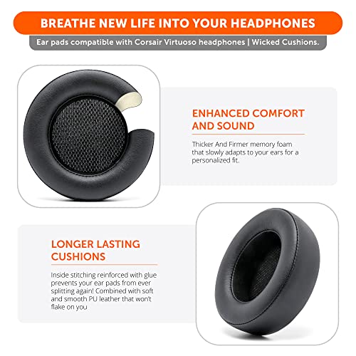 WC Upgraded Replacement Earpads for Corsair Virtuoso Gaming Headset Made by Wicked Cushions | Improved Durability, Thickness, Softer Leather, and Sound Isolation | Black