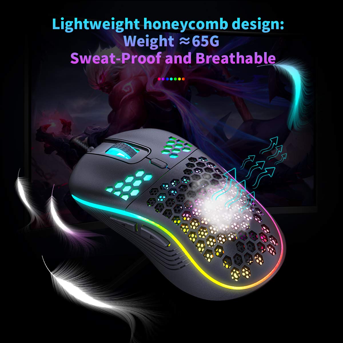 HETOETF Lightweight Gaming Mouse, Wired USB PC Gaming Mice with Ultralight Honeycomb Shell, RGB Chroma LED Light, 7200 DPI Adjustable, Programmable 6 Buttons Mouse for Windows 7/8/10/XP
