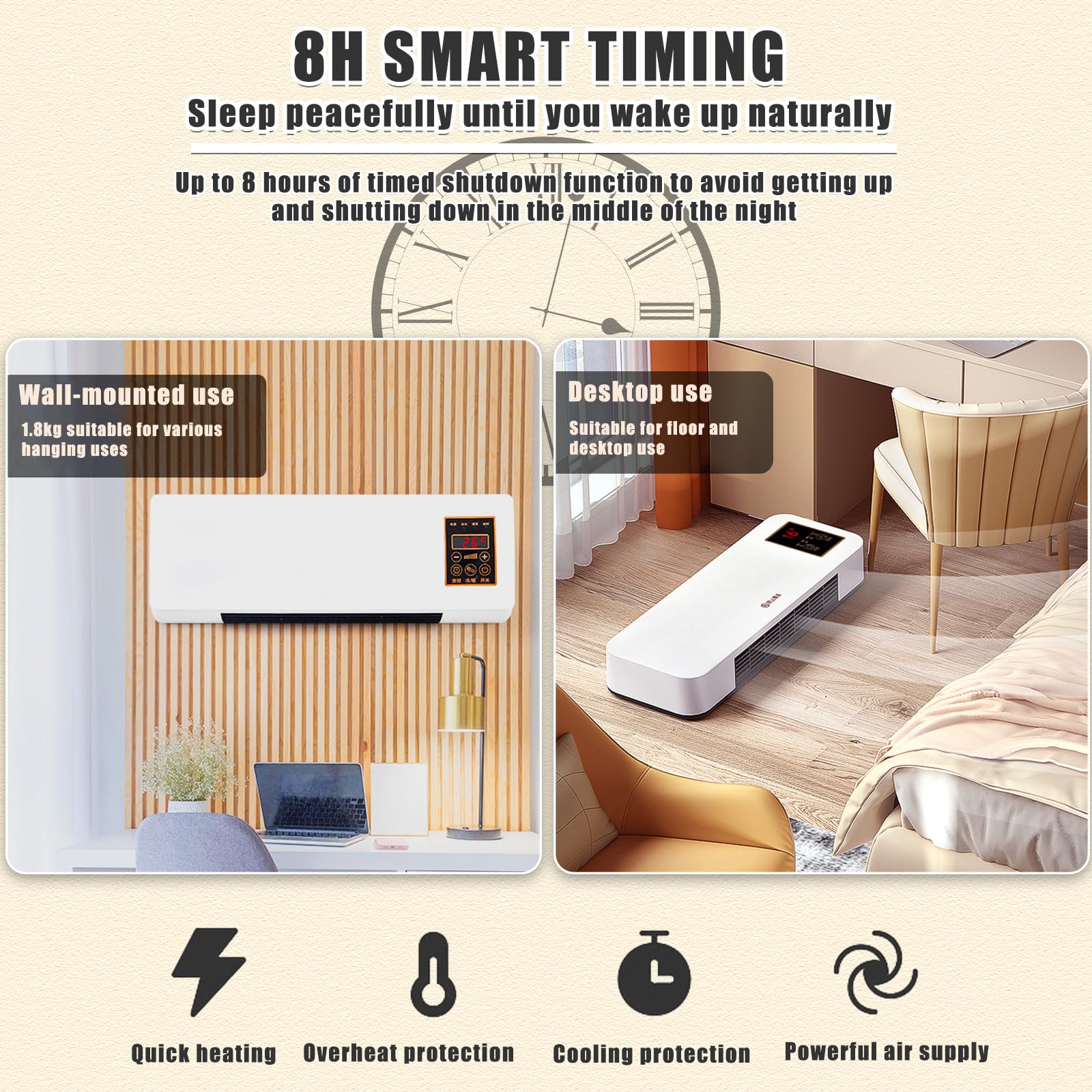 Wall Mounted Air Conditioner Wall Mounted Electric Heater with Thermostat, Remote Control, 1800W, Quiet Operation, Energy Efficient, Ideal for Bedroom, Bathroom, Office