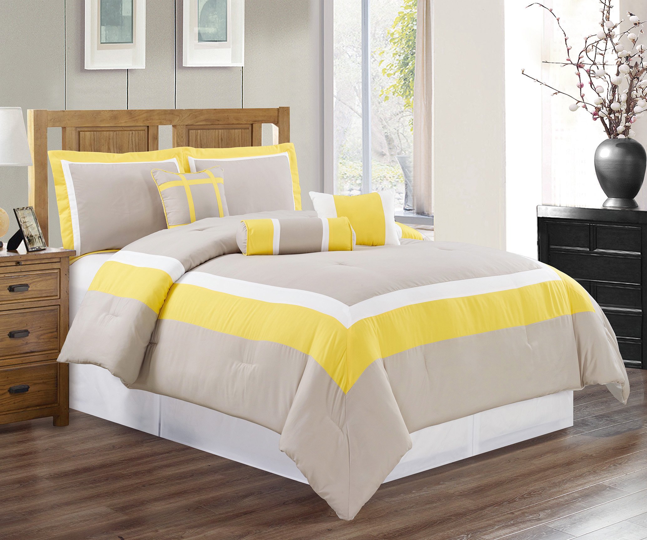 Grand Linen 7 Piece King Size Sunshine Yellow/Grey/White Color Block Milan Down Alternative Comforter Set 104" X 90" Bedding + Accent Pillows