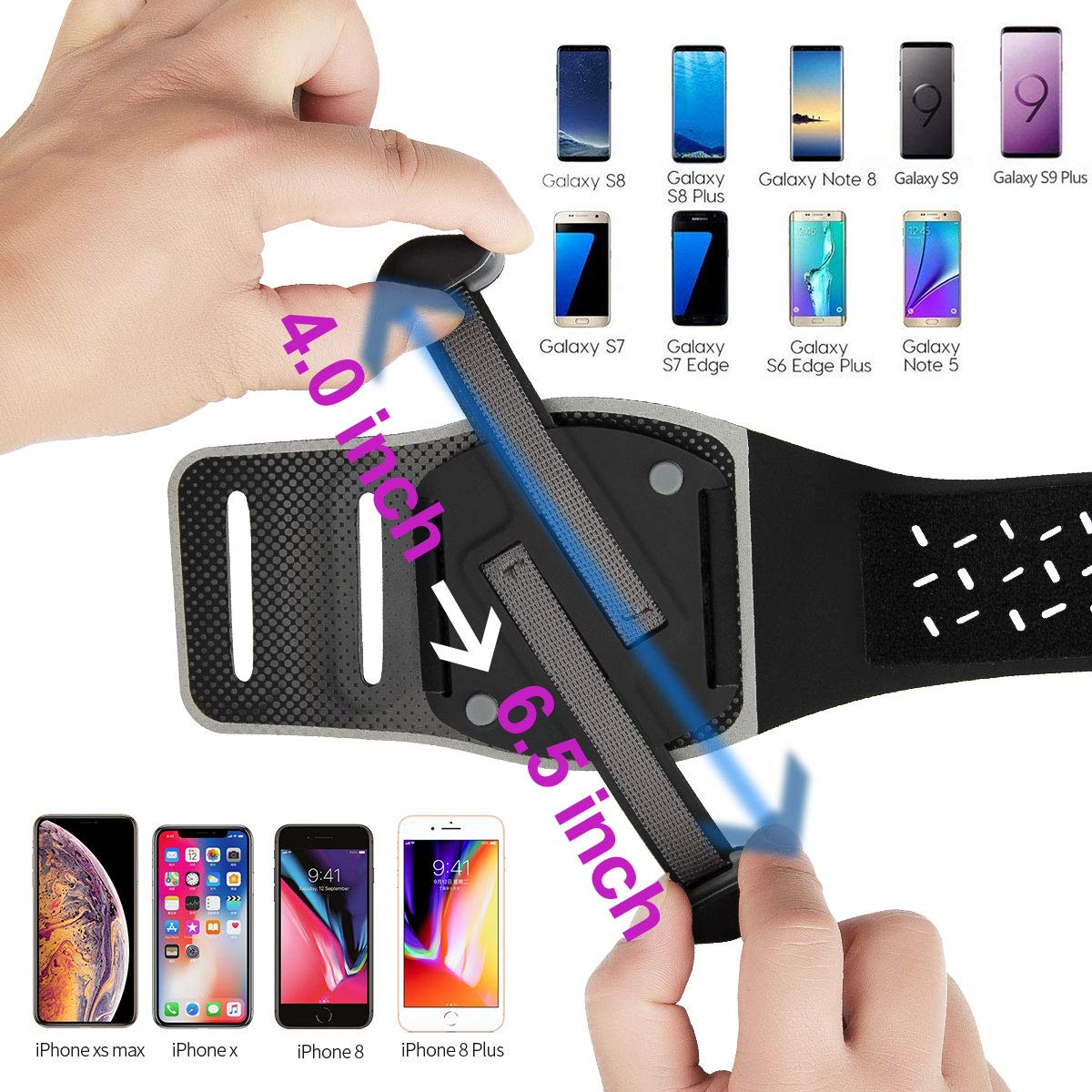 HANZIUP Running Armband for iPhone Xs Max XR X 8 7 6S Plus Samsung Galaxy S9 S8 Note 8 Google&More,Adjustable One-Hand Quick Lock Phone (w/CASE ON) Holder+Card Slot for Hiking Cycling Climbing (Gray)