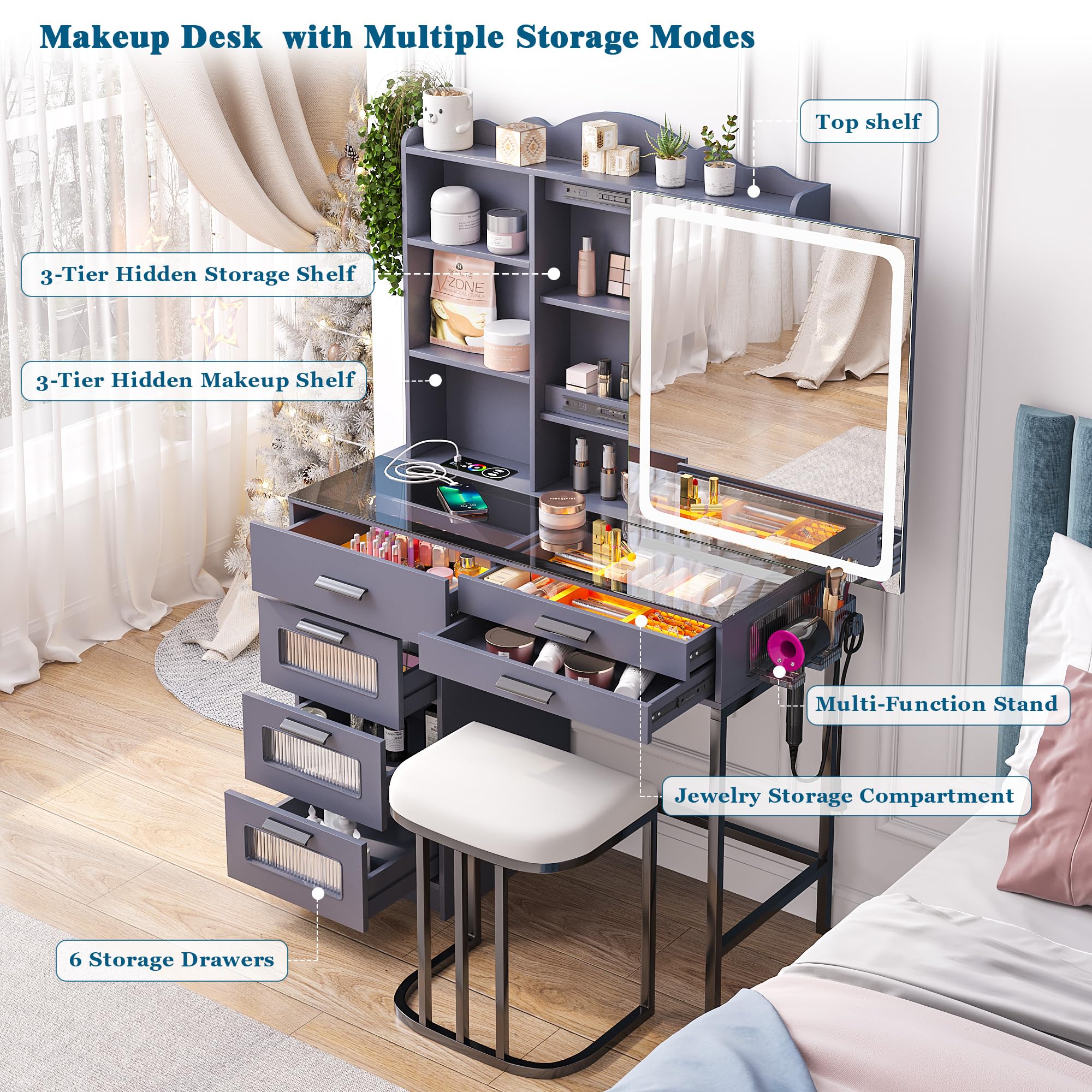 WOOVIVS RGB Vanity Desk with Sliding Mirror and Lights, LED Makeup Vanity with Charging Station/Motion Sensor Light, Glass Top Vanities Dressing Table Set with Jewelry Box,6 Drawers,Stool (White)