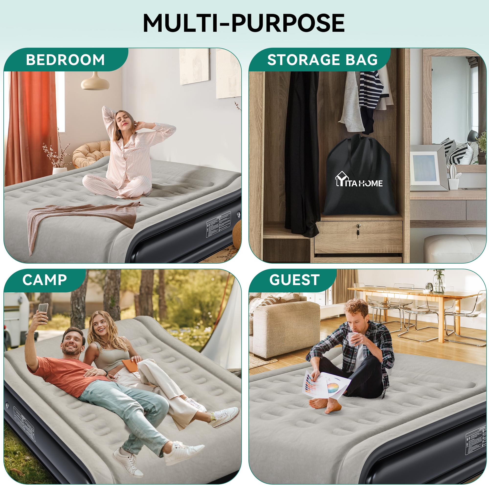 YITAHOME 18'' Flocked Top Queen Air Mattress with External Pump and Headboard, Durable Inflatable Bed, Blow-Up Mattress for Indoor and Outdoor Use, Brown