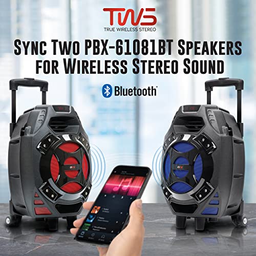 QFX PBX-61081 Rechargeable Portable Speaker | 8" Woofer | 2,600 Watts | Bluetooth, AUX, SD Card, FM Radio | Handle, Wheels, 12 Lbs | Perfect for Tailgating, Indoors, Outdoors Audio | Silver