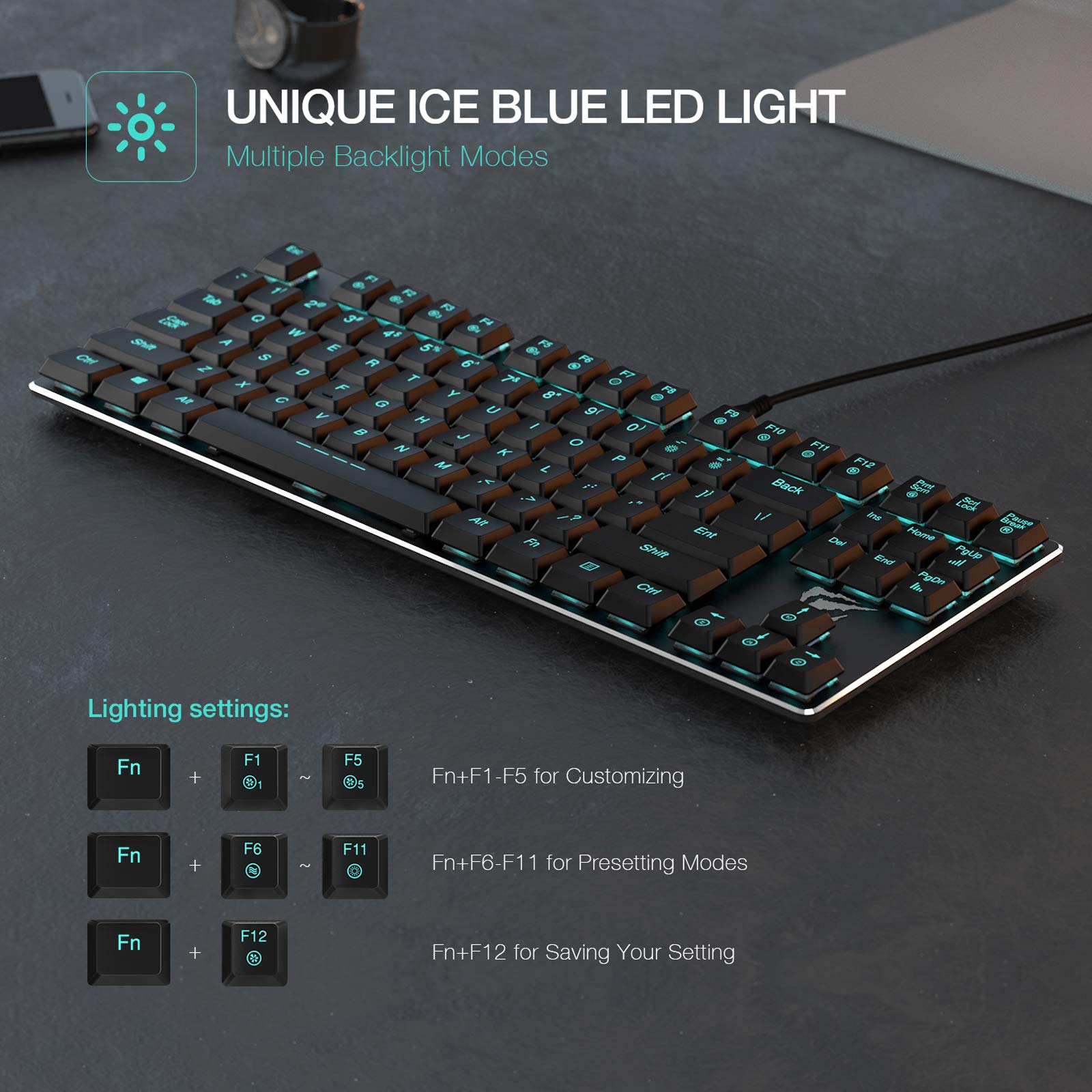 havit Mechanical Keyboard Backlit Wired Gaming Keyboard Extra-Thin & Light, Kailh Latest Low Profile Blue Switches, 87 Keys N-Key Rollover (Black)