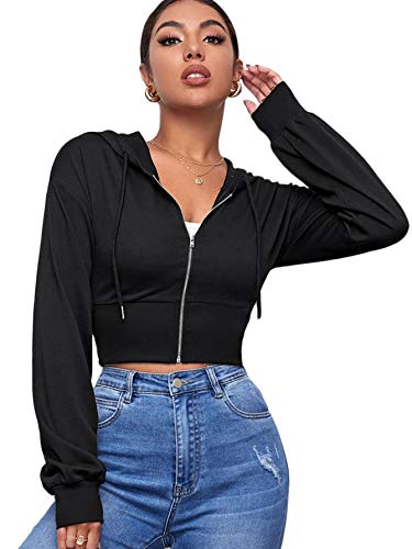 WDIRARA Women's Drop Shoulder Zip Up Drawstring Hoodie Black M