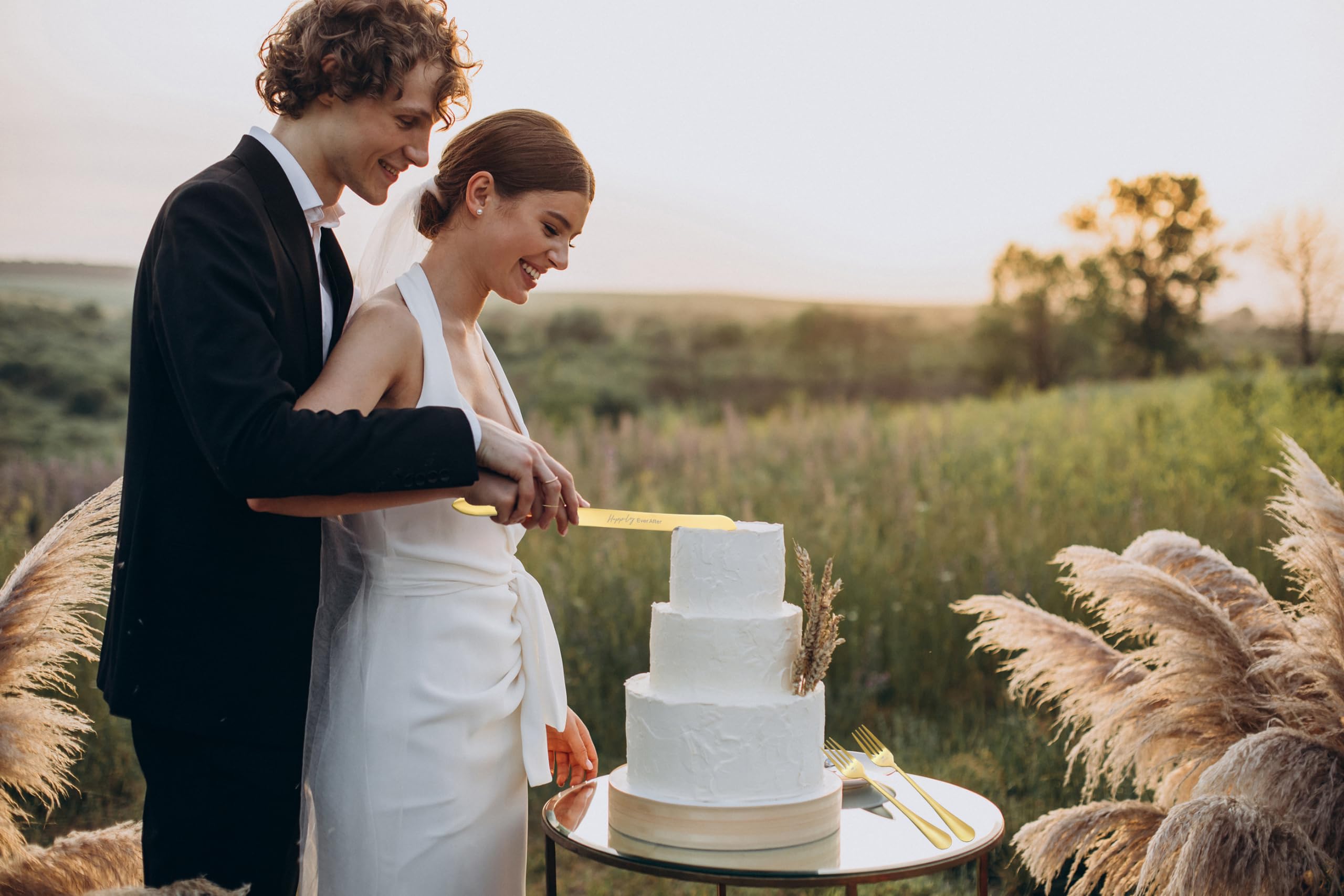 ROXBURGH Wedding Cake Knife and Server Set, Engraved Mr and Mrs Gold Forks Cake Cutting Set Pie Dessert Servers for Wedding Anniversary Bridal Shower Engagement