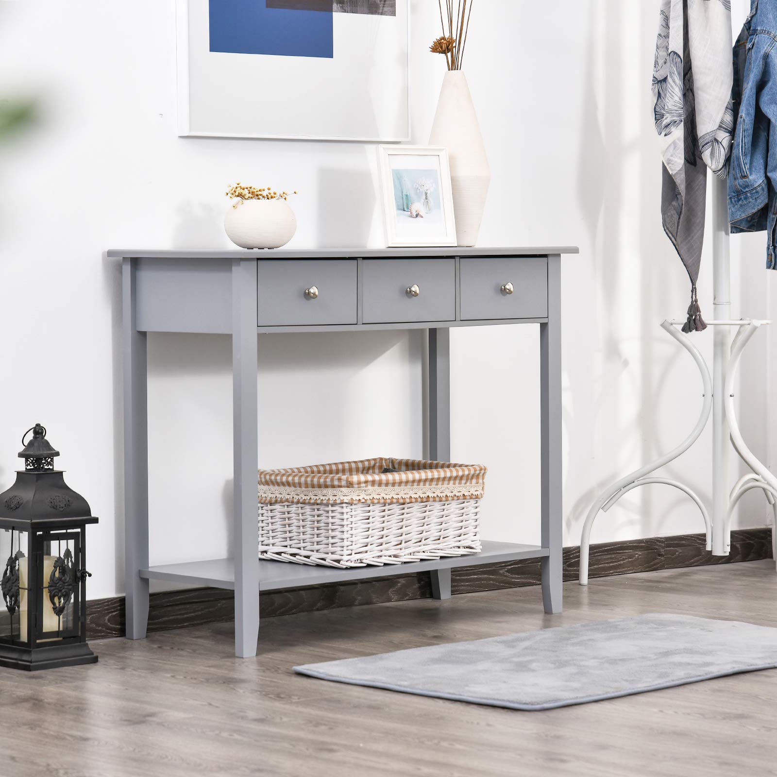 HOMCOM Console Table Industrial Desk with Drawer Bottom Shelf & Large Tabletop for Entryway or Living Room, Grey