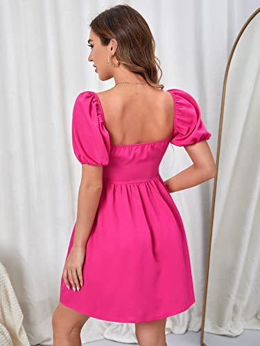 WDIRARA Women's Square Neck Puff Short Sleeve Backless Ruffle Hem A Line Dress Hot Pink M